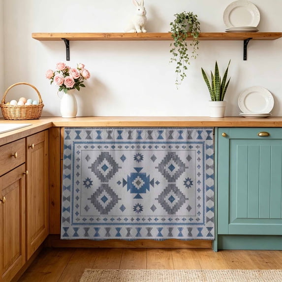 Blue Diamond Motifs Cabinet Curtains 10"Wx11"L, Boho Tribal Ethnic ...