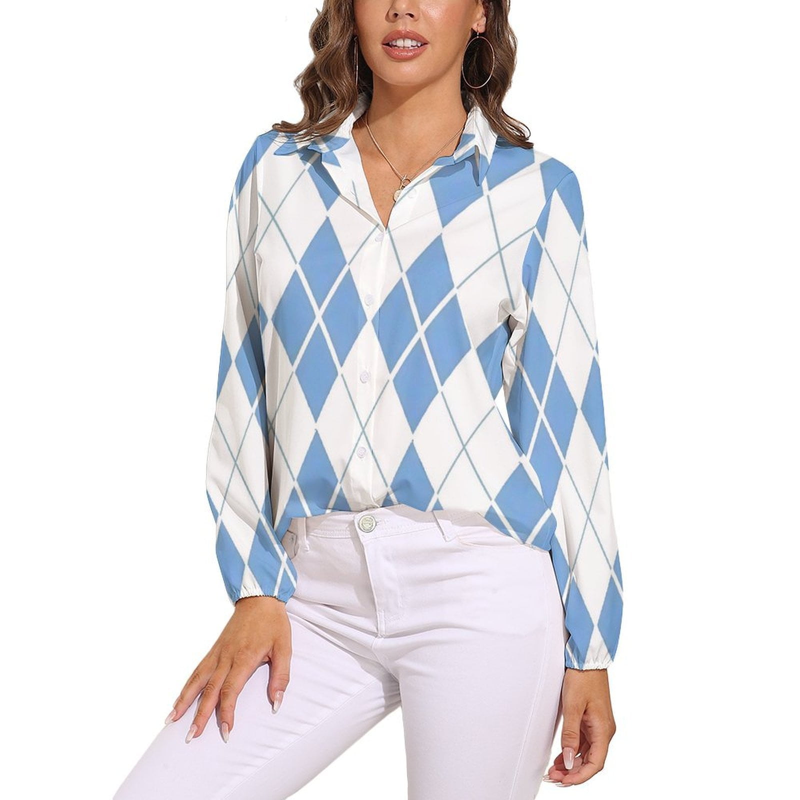 Blue Diamond Pattern Blouse For Women Loose Blouses Long Sleeve Shirts ...