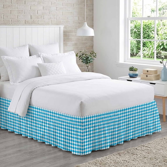 Blue Diamond Plaid Bed Skirt Queen Size 18 Inch Drop, White Geometric ...