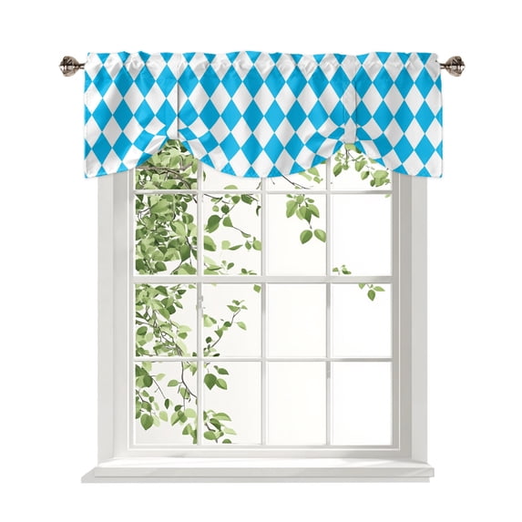 Blue Diamond Plaid Tie Up Valances Curtain, White Geometric Check ...