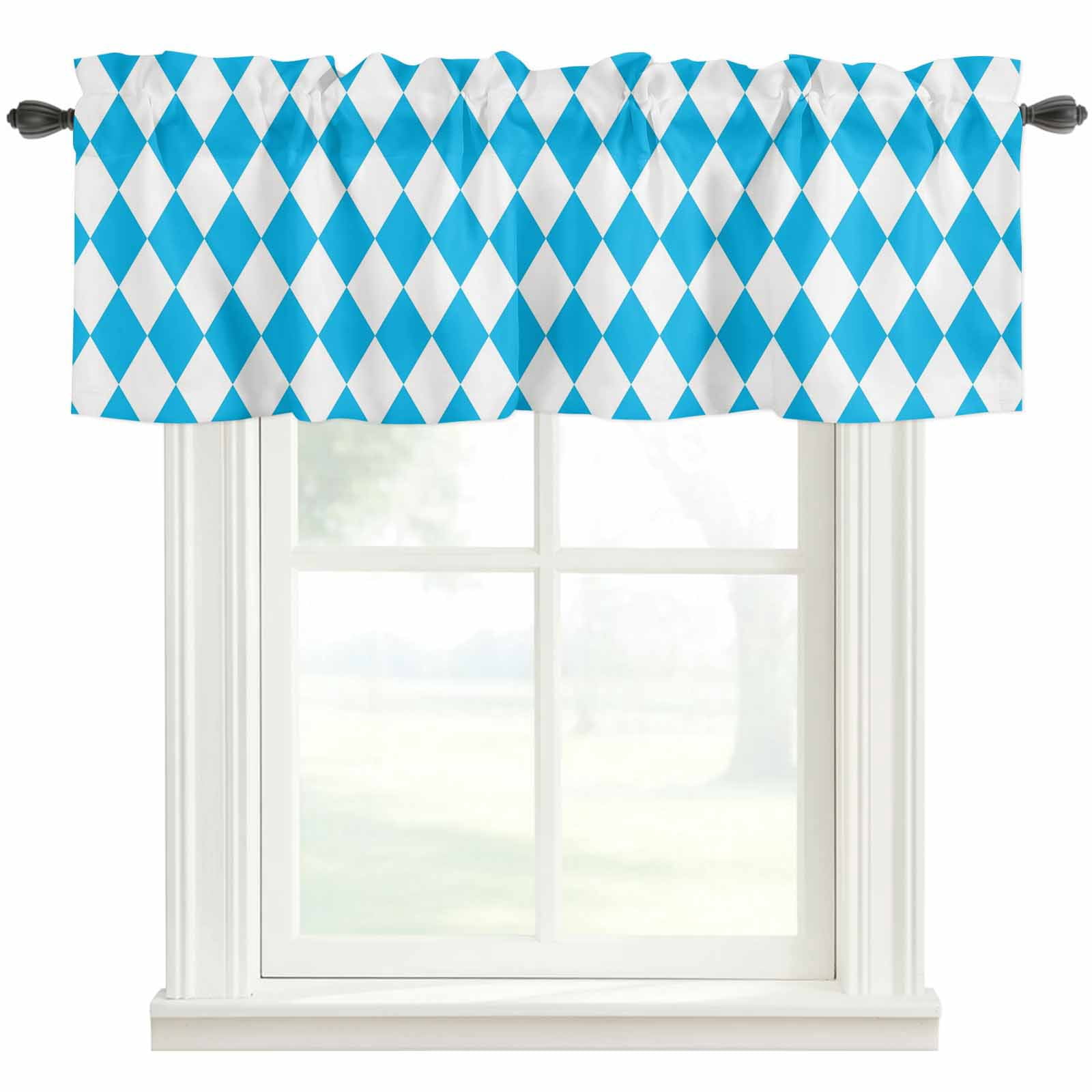 Blue Diamond Plaid Valances for Windows White Geometric Check Abstract ...