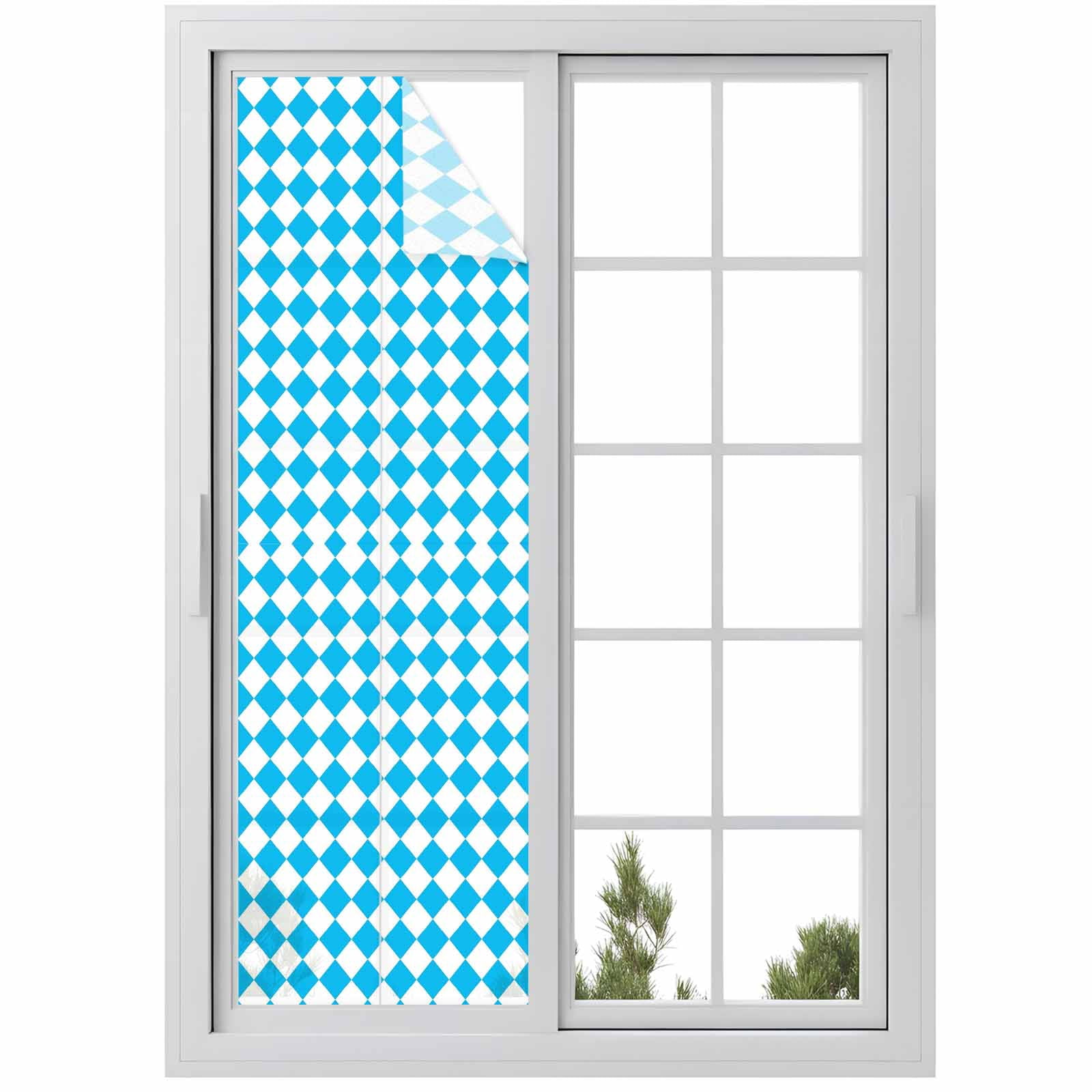 Blue Diamond Plaid Window Privacy Film, White Geometric Check Abstract ...