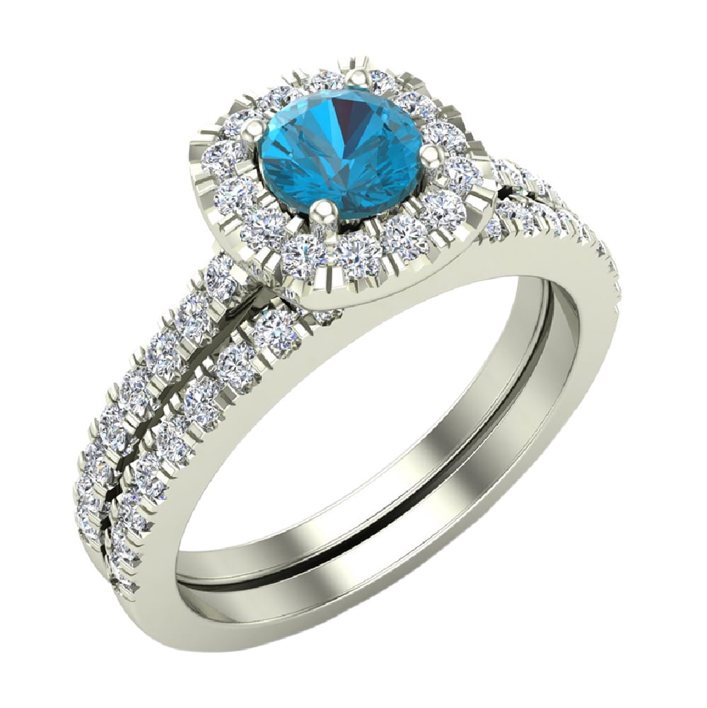 Blue Diamond Wedding Ring Set Round Cut Blue Diamond Cushion Halo Rings ...