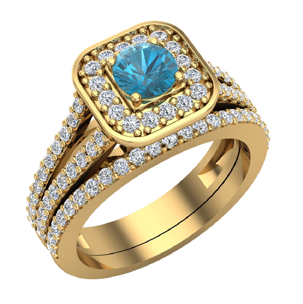 Blue Diamond Wedding Ring Set Round Cut Blue Diamond Cushion Halo Rings ...