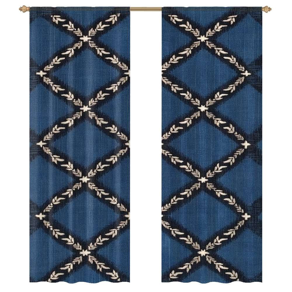 Blue Diamond Woven Textile Pattern Sheer Voile Curtain Window Tulle ...