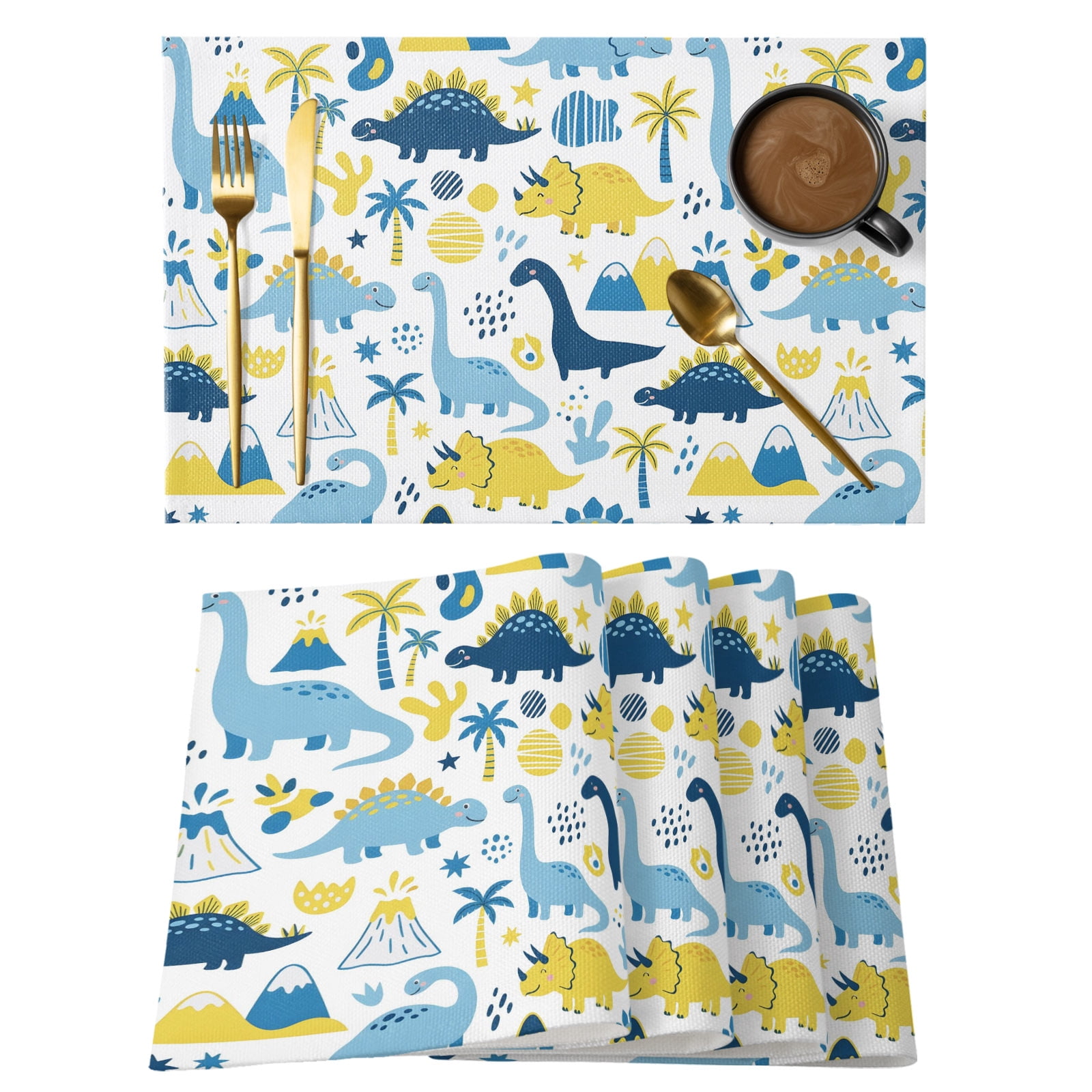 Blue Dinosaur Placemats Set of 4 Palm Trees Mountains Modern Abstract ...
