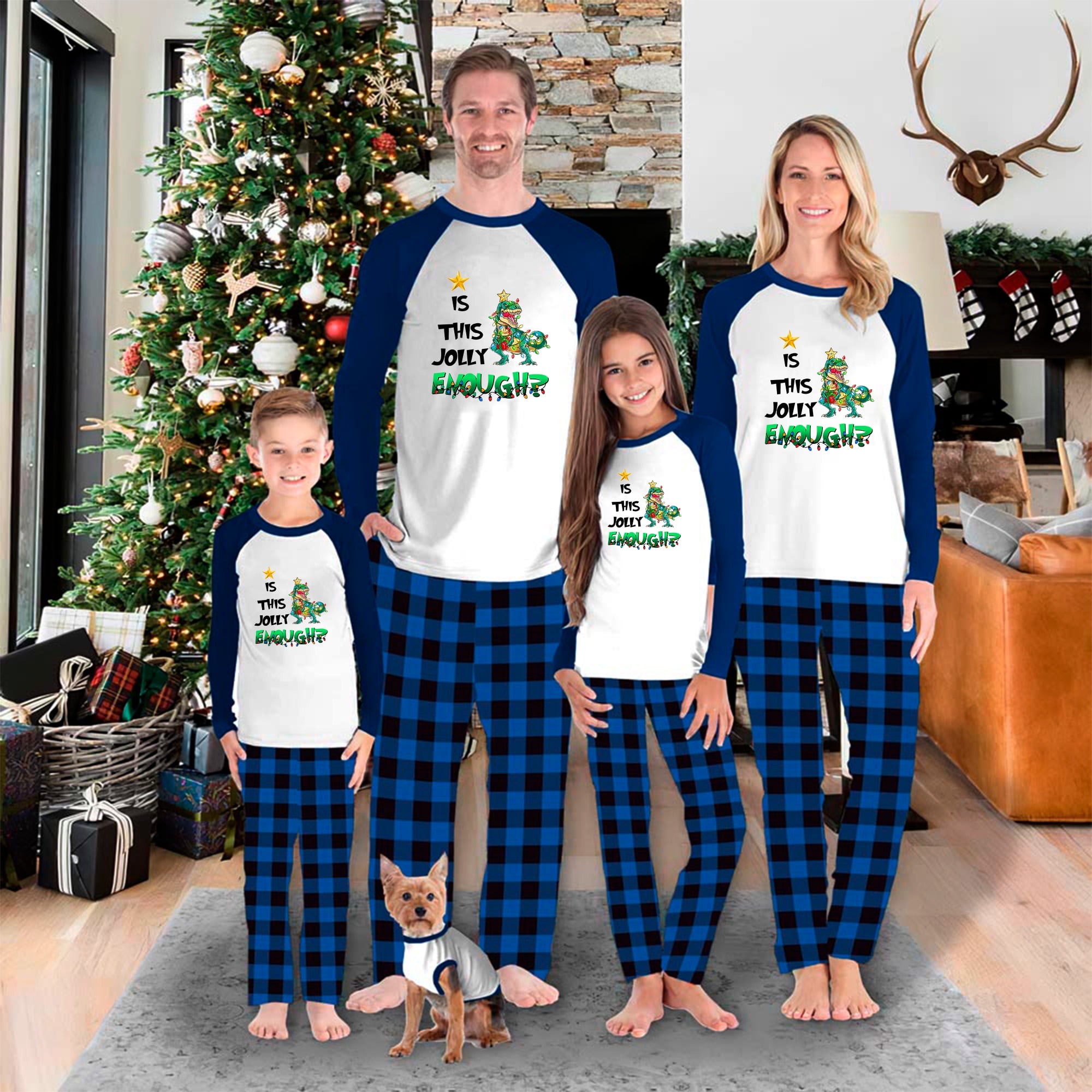 Blue Dinosaur Plaid Family Matching Christmas Pajamas with Is This Jolly Enough Design, Sizes NB ...