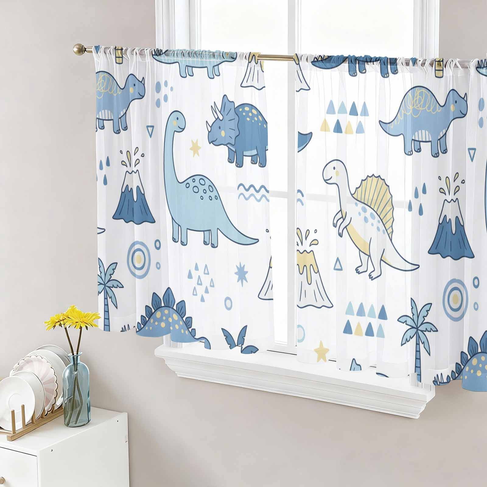 Blue Dinosaur Sheer Curtains for Living Room Bedroom Stars Palm Trees ...