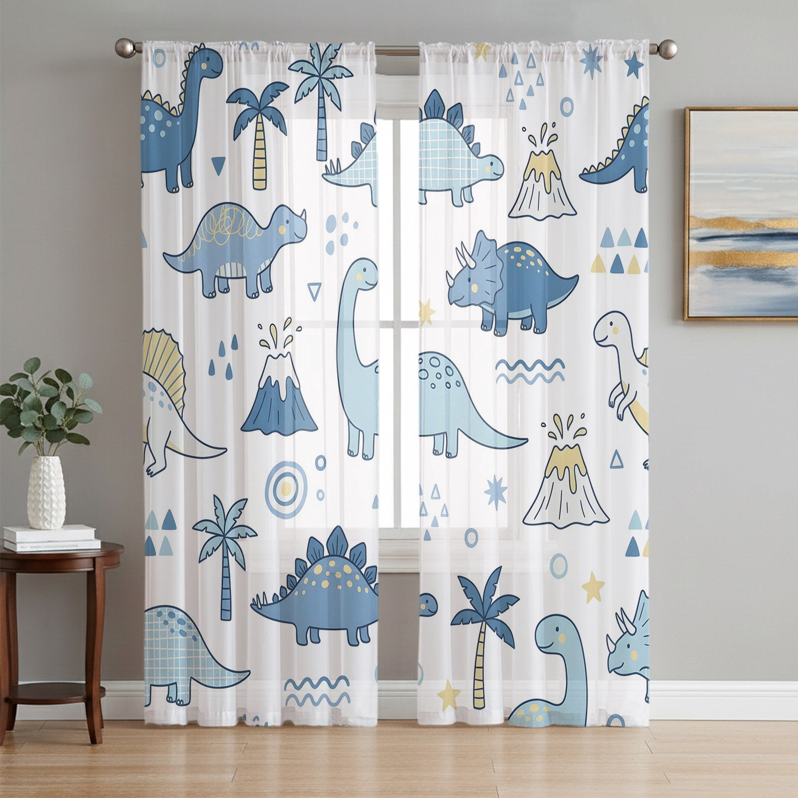 Blue Dinosaur Sheer Curtains for Living Room Bedroom Stars Palm Trees ...