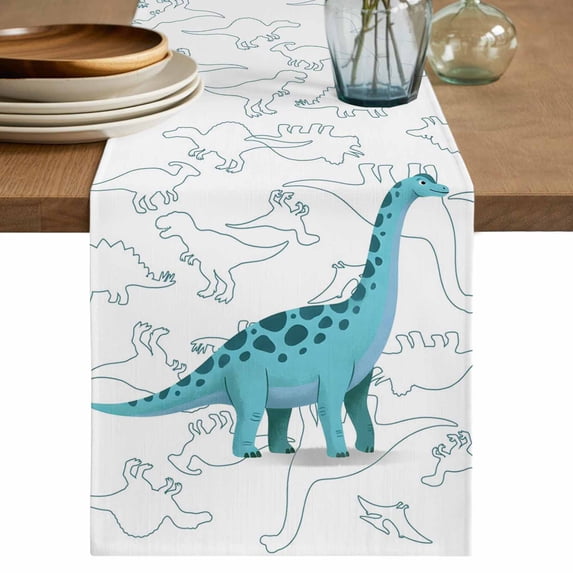 Blue Dinosaur Table Runner 60 Inches, Cartoon Abstract Animals Cute Bed ...
