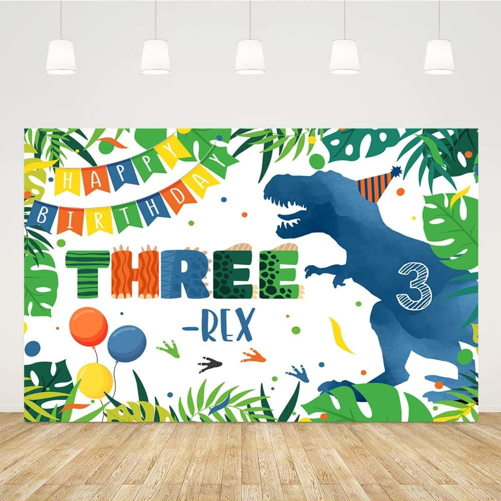 Blue Dinosaur Third Birthday Backdrop Three-rex Cartoon Green Palma ...