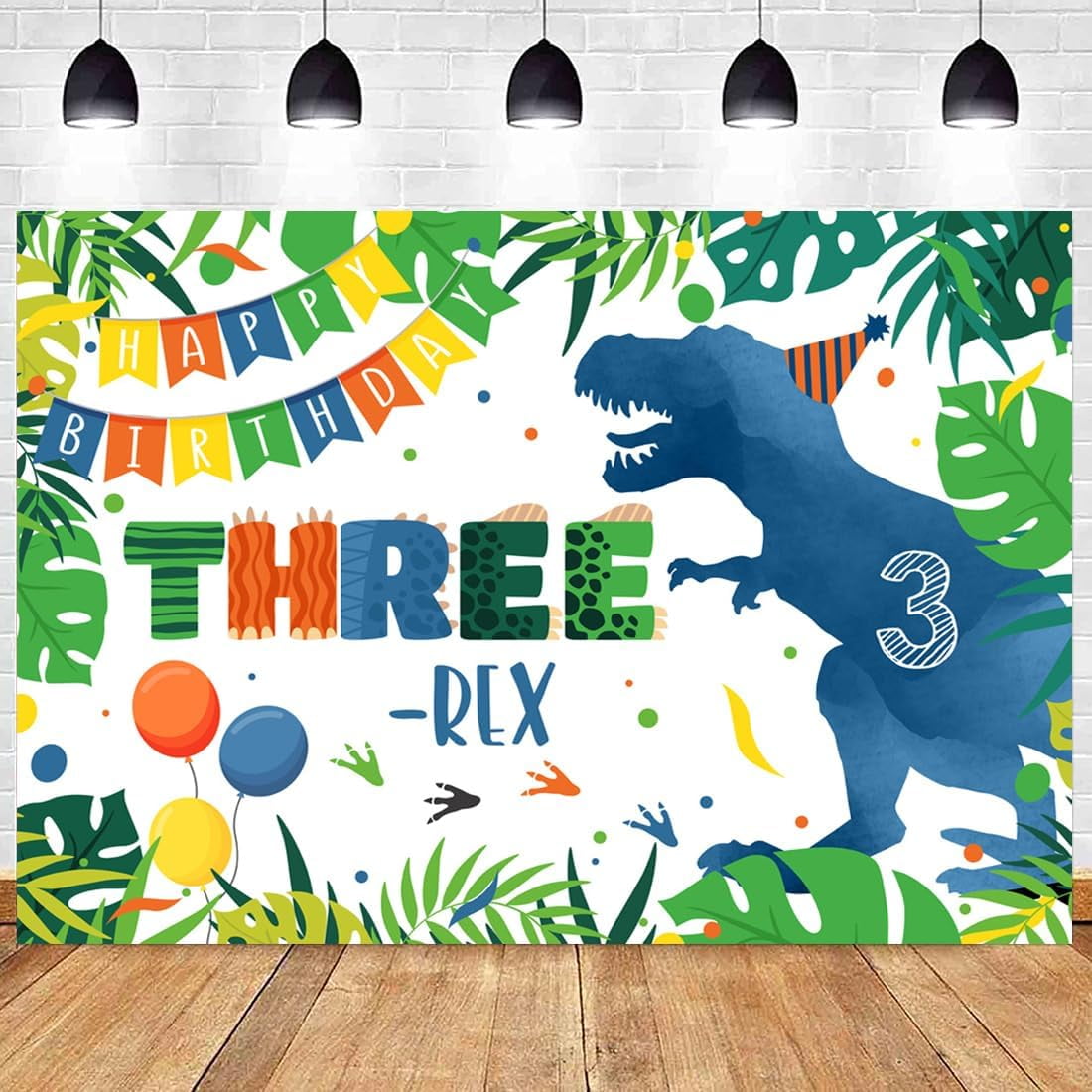 Blue Dinosaur Third Birthday Backdrop Three-rex Cartoon Green Palma ...