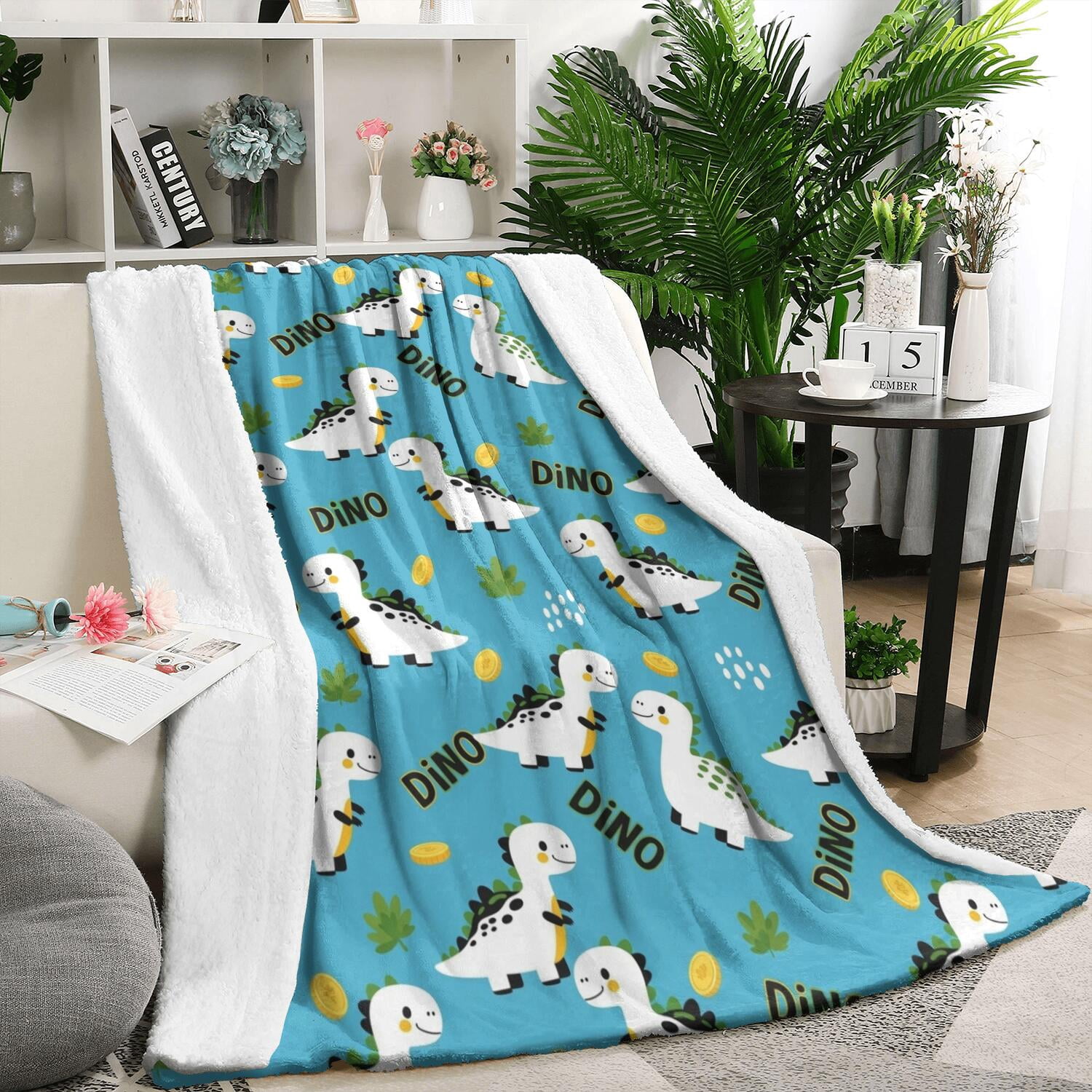 Blue Dinosaurs with Coins Dynamic Blanket,Comfortable Soft Lamb Wool ...