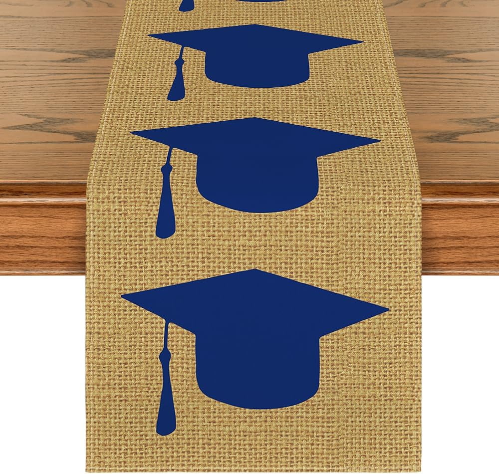 Blue Diploma Cap 2024 Graduation Table Runner, Rustic Holiday Kitchen ...