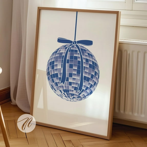Blue Disco Ball Print, Coquette Bow Wall Art UNFRAMED PAPER POSTER ...