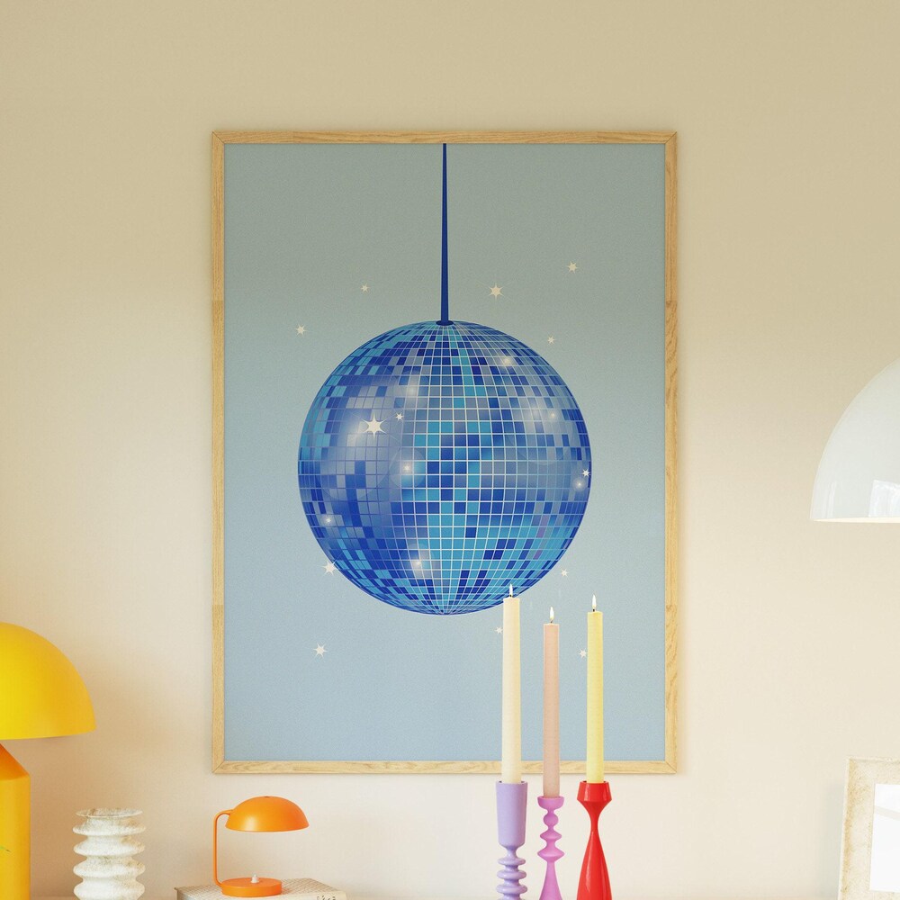 Blue Disco Ball Print Navy Wall Art Trendy Retro Bar Cart Girly Dorm ...