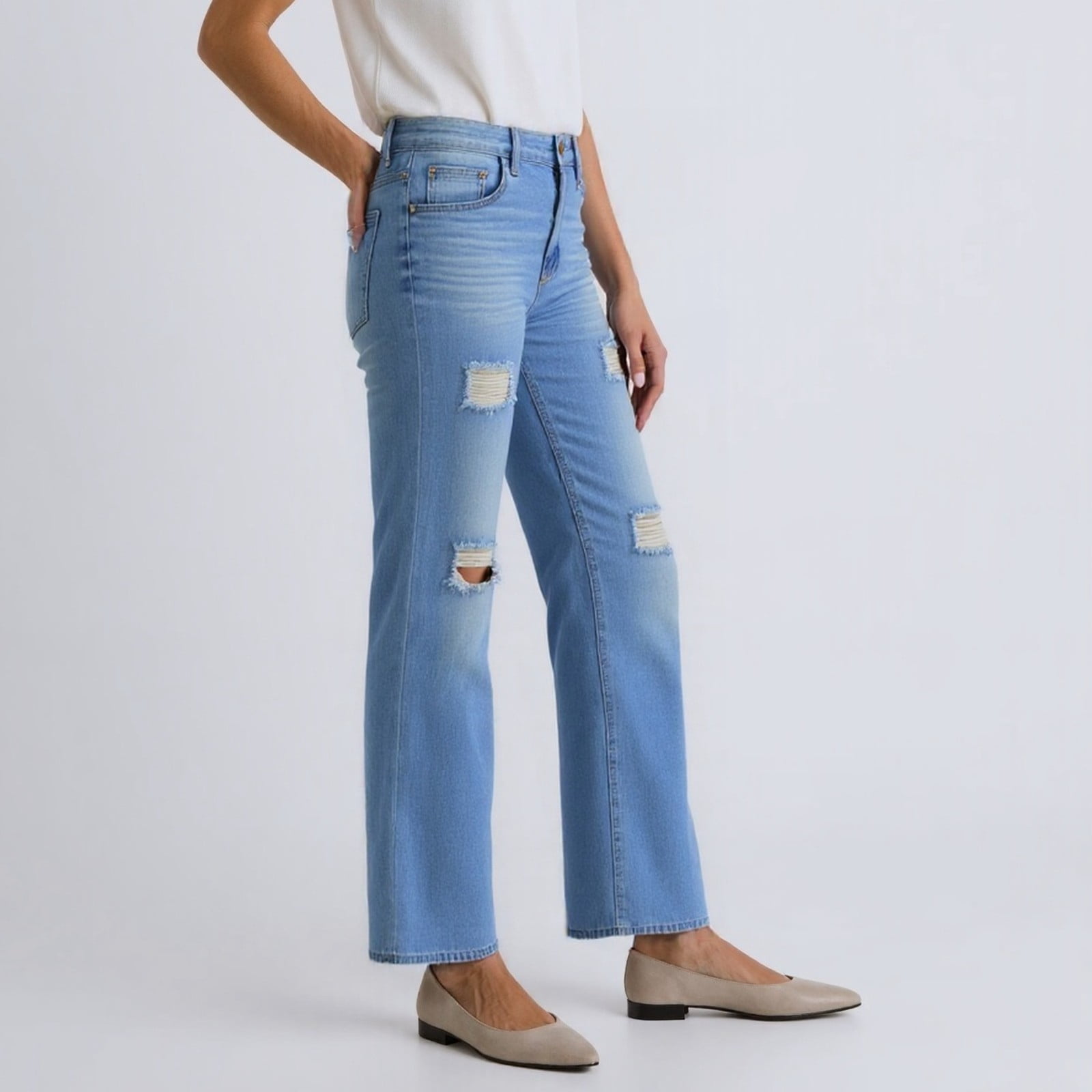 Blue Distressed Ripped Denim Jeans For Women Loose Fit Washed Straight ...