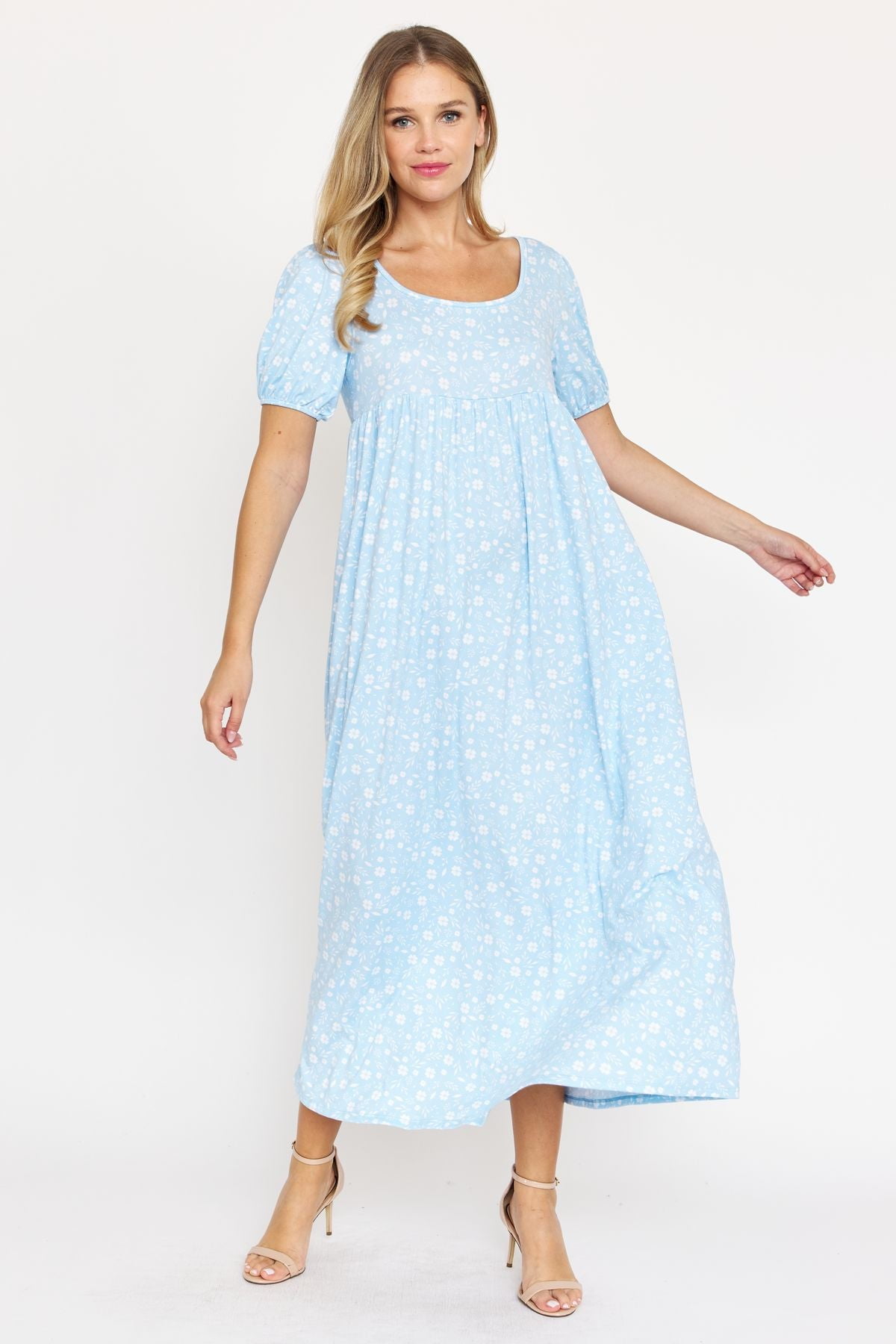 Blue Ditsy Floral Puff Sleeve Empire Waist Maxi Dress - Walmart.com
