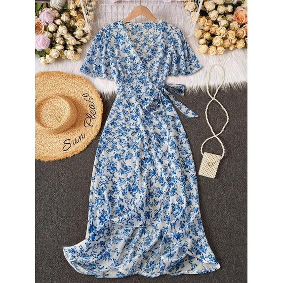 Blue Ditsy Floral Wrap Dress With V-Neck Short Flounce Sleeves Ruffle ...