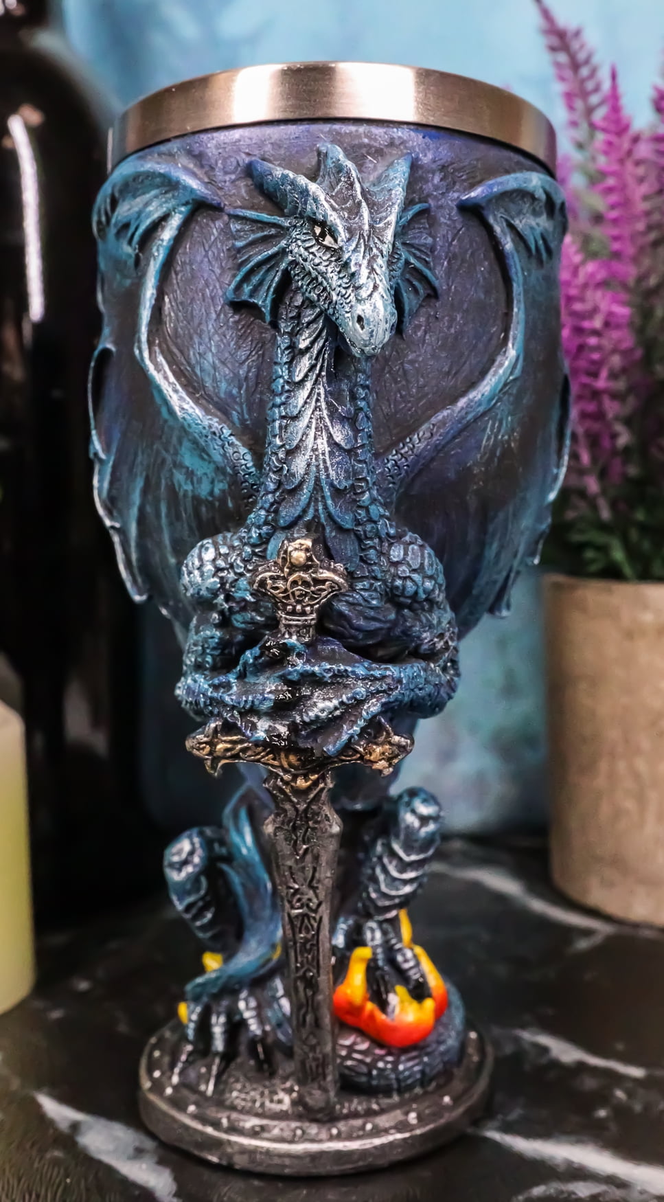 Blue Divine Fire Winged Dragon With Excalibur Sword Wine Goblet Chalice ...