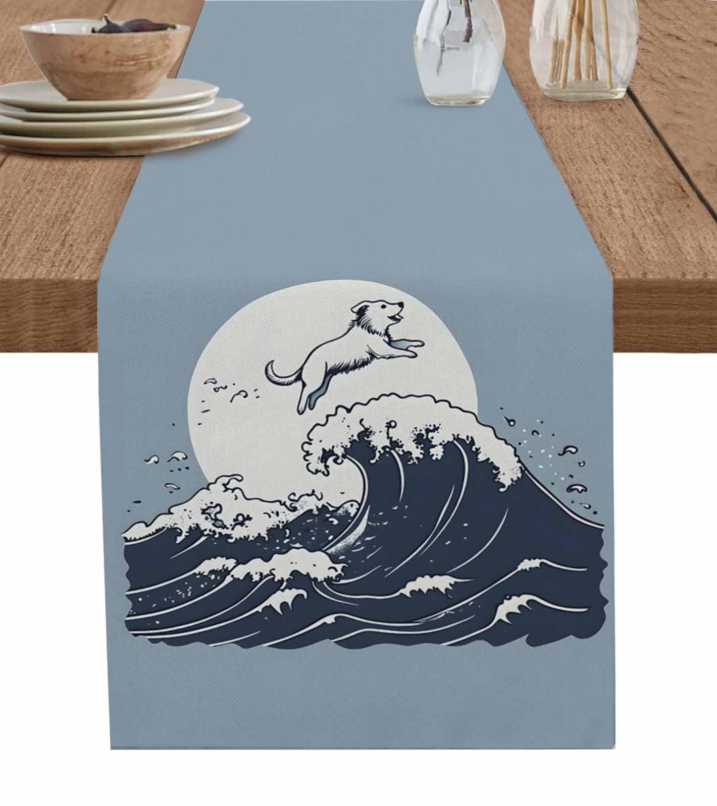 Blue Dog Burlap Cotton Table Runner 13x72 Inches Long, Waves Abstract ...