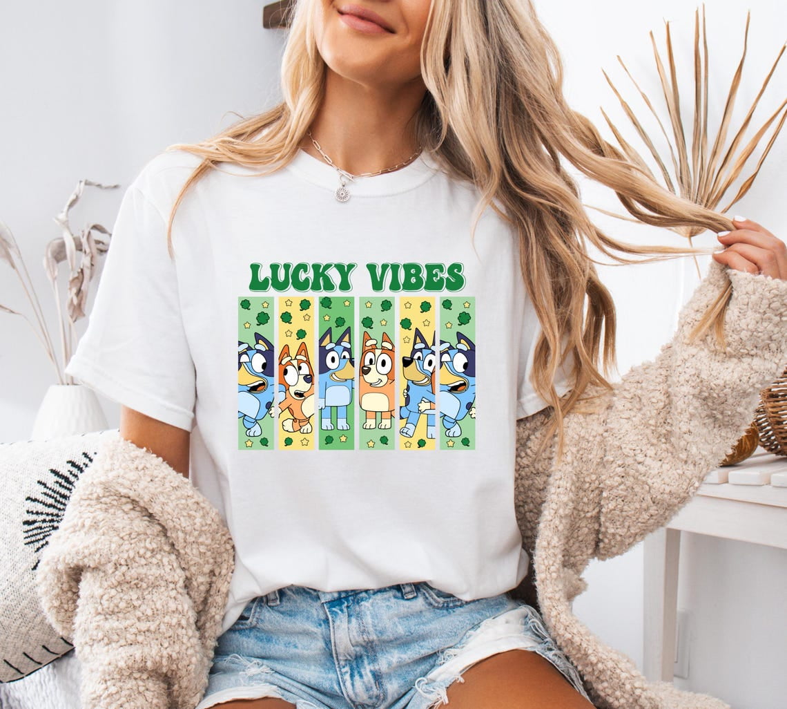 Blue Dog Lucky Vibes Shirt,Bluey St Patricks Day Shirt,Blue Dog Irish ...