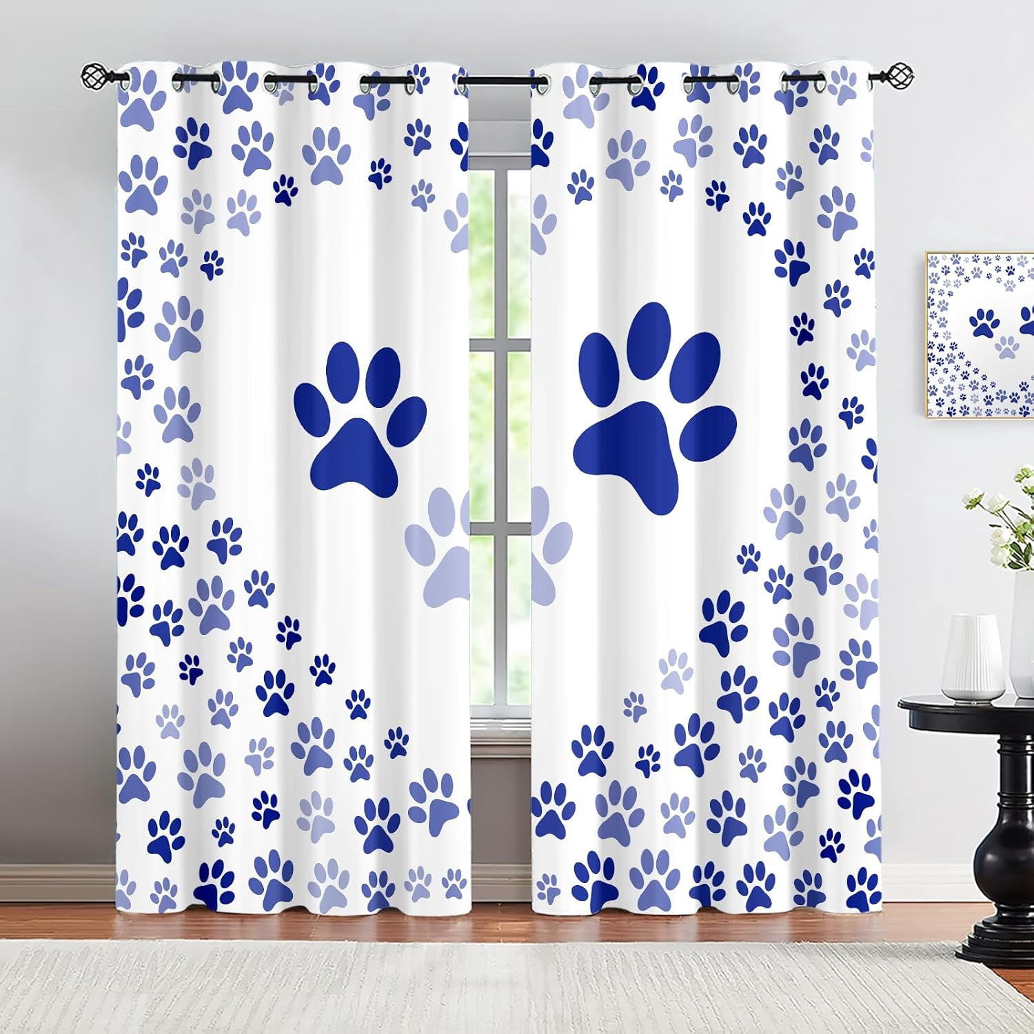 Blue Dog Paw Print Blackout Window Treatments, Cute Cartoon Style ...