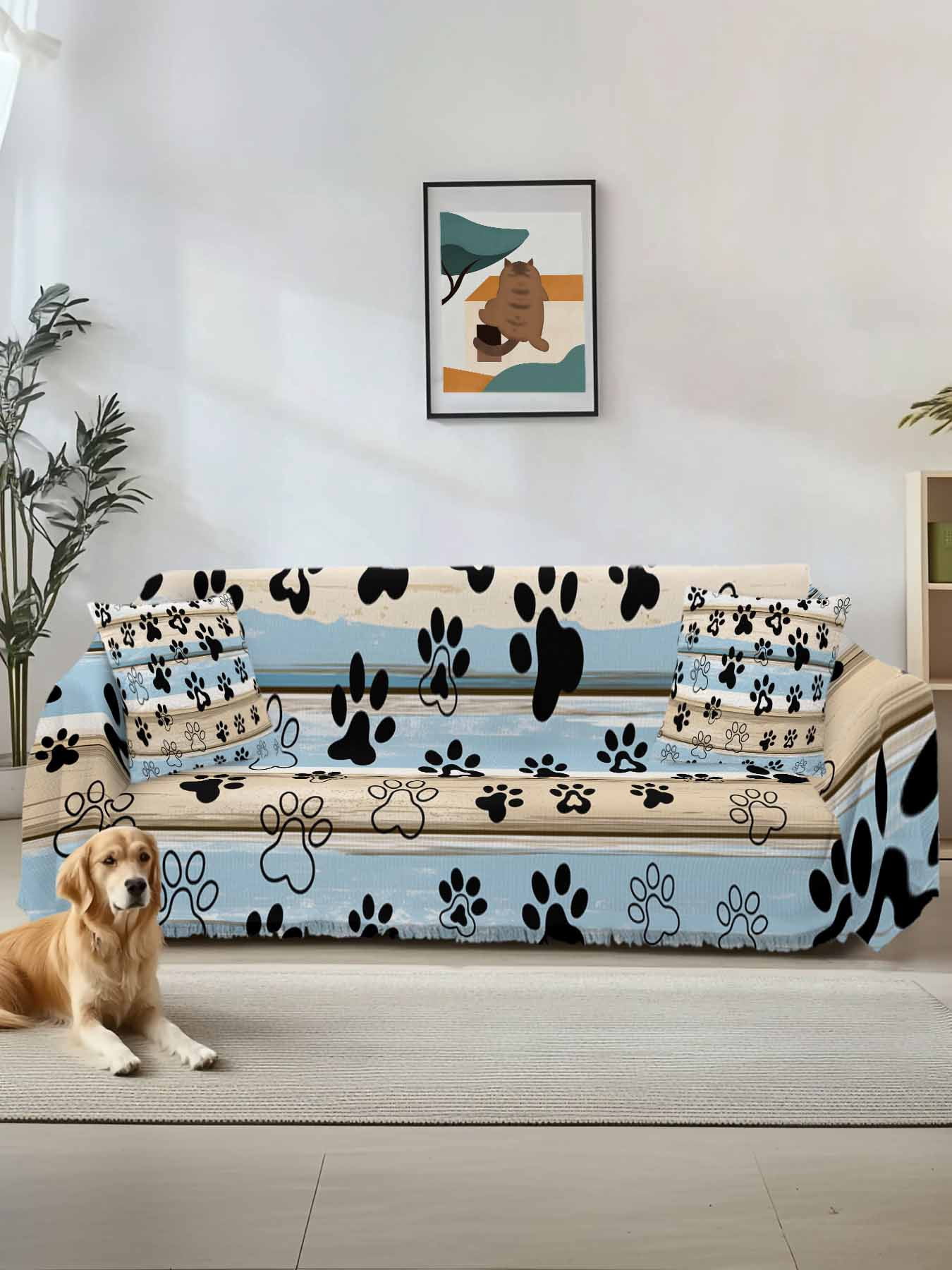 Blue Dog Paw Print Couch Cover Sofa Covers 3 Cushion Sectional Couch ...