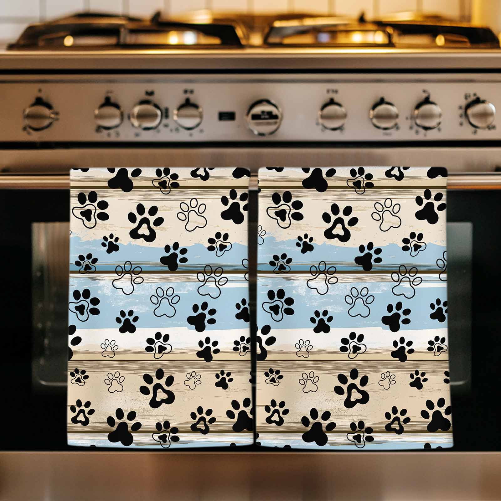 Blue Dog Paw Print Kitchen Towels Set of 3, Vintage Farmhouse Rustic ...