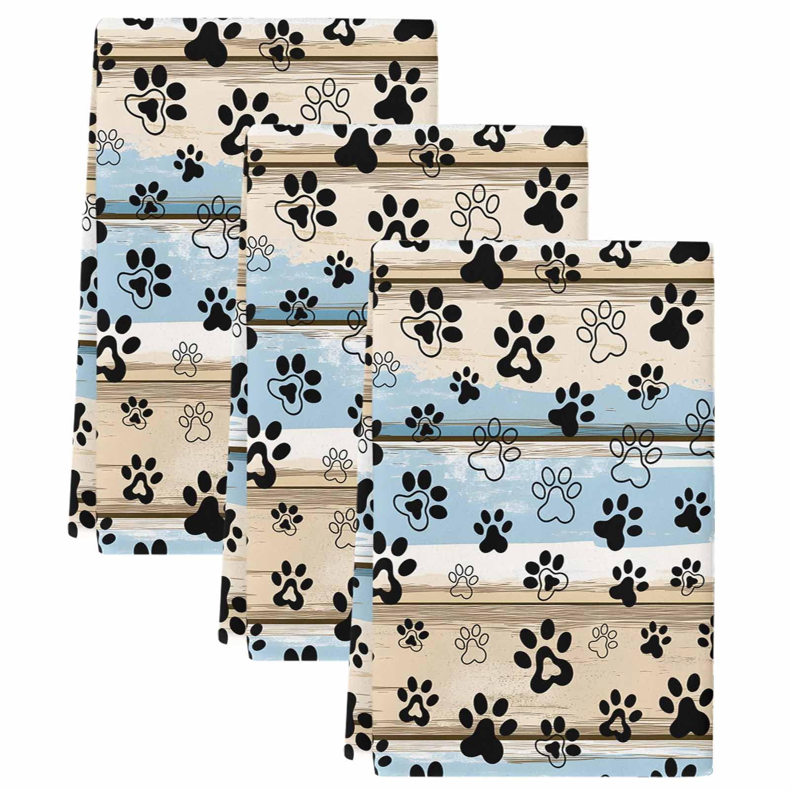 Blue Dog Paw Print Kitchen Towels Set of 3, Vintage Farmhouse Rustic ...