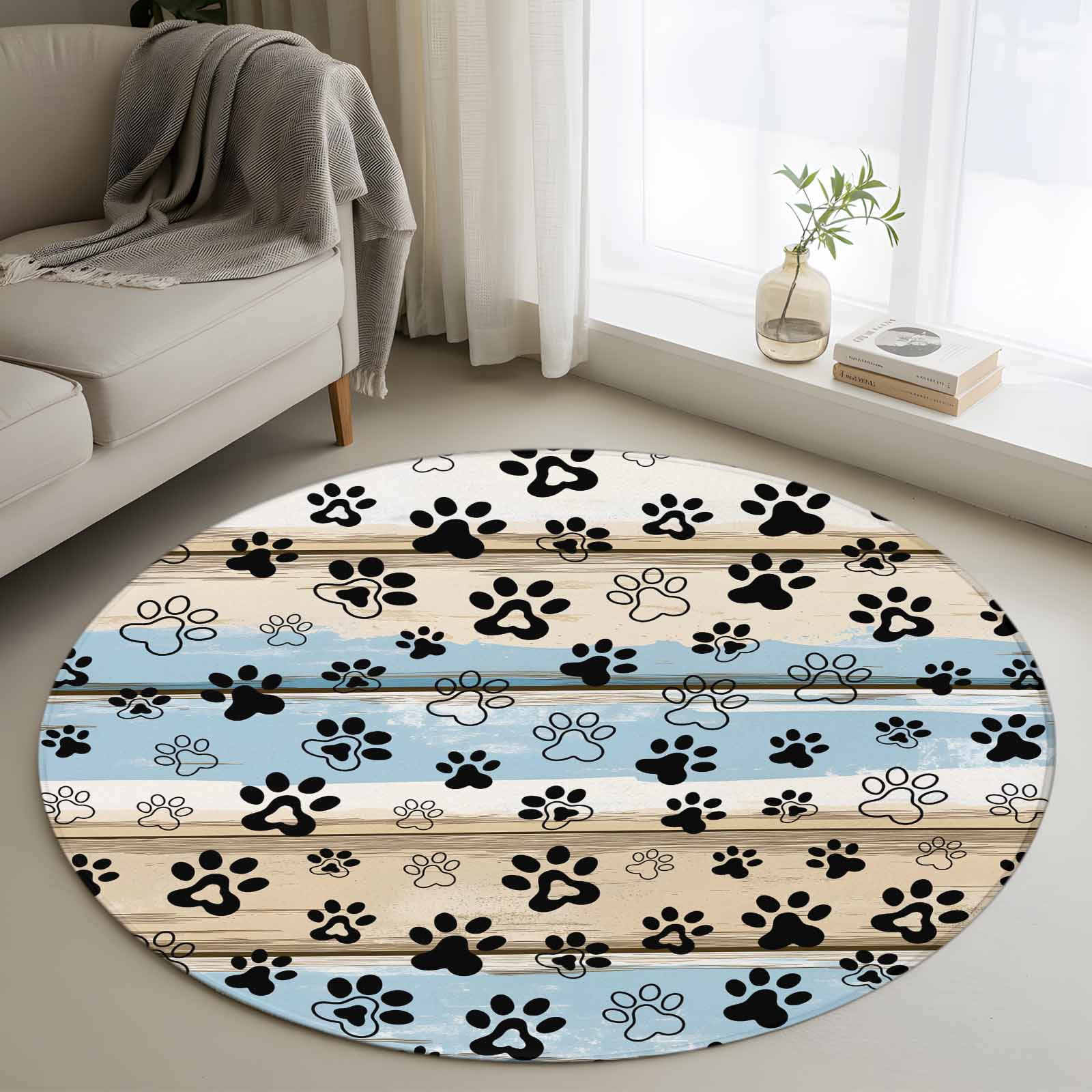 Blue Dog Paw Print Round Area Rug 3 FT,Small Kitchen Bathroom Mats ...