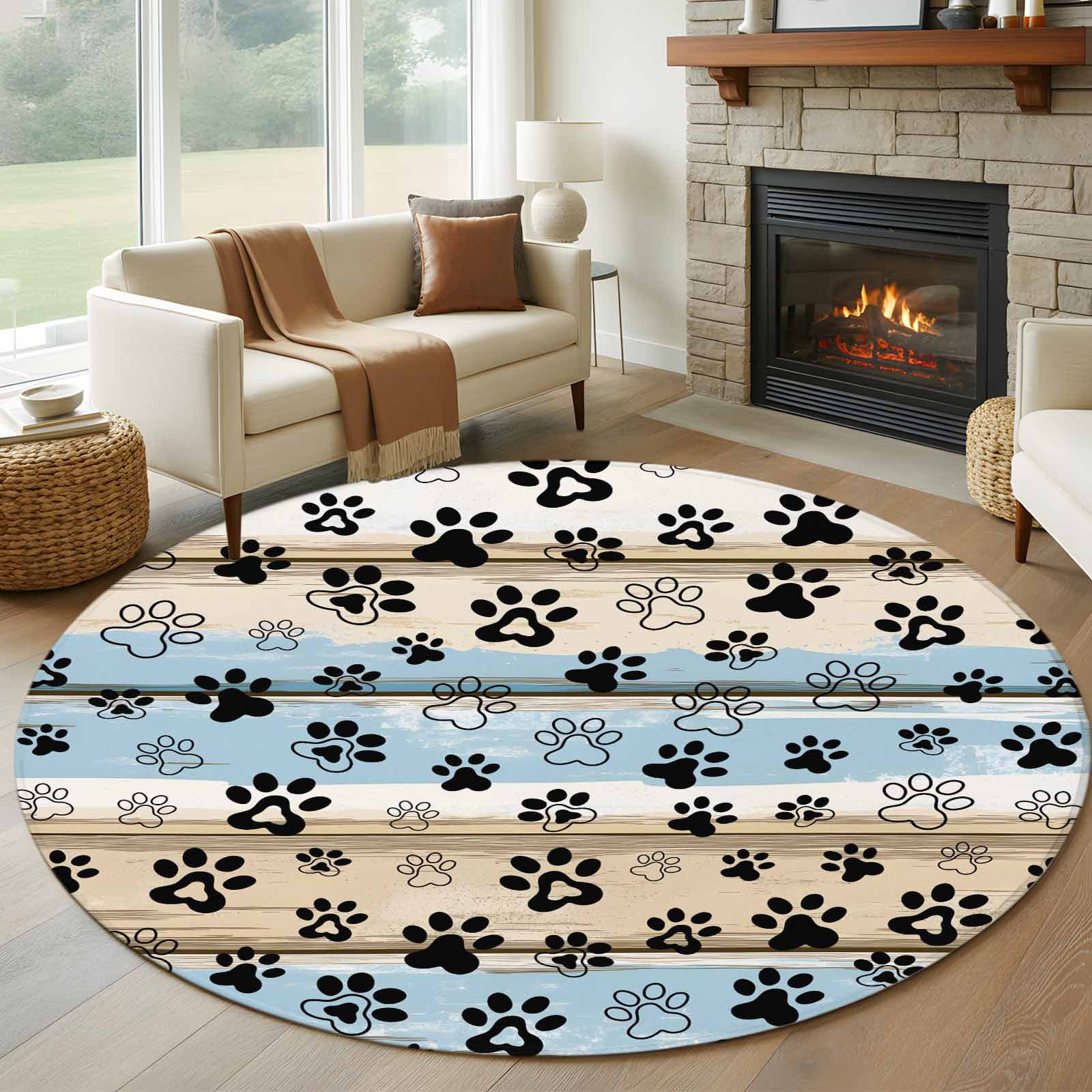 Blue Dog Paw Print Round Area Rug 6 FT, Non Slip Bedroom Rugs, Vintage ...