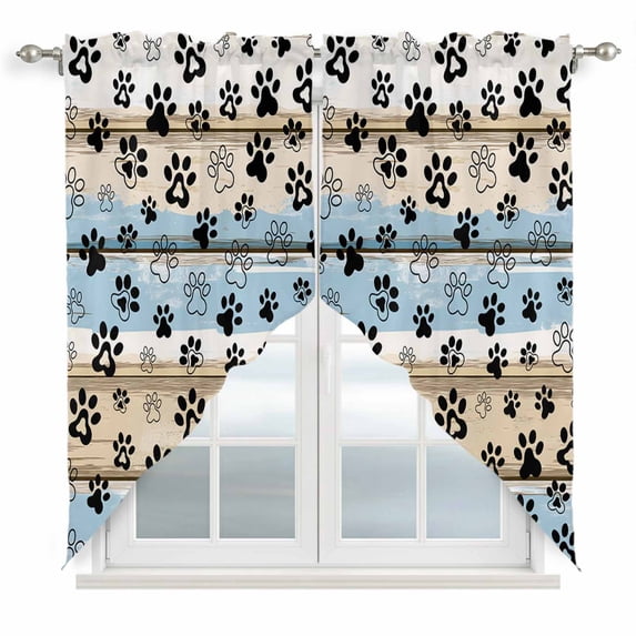 Blue Dog Paw Print Swag Curtains Vintage Farmhouse Rustic Wooden Grain ...