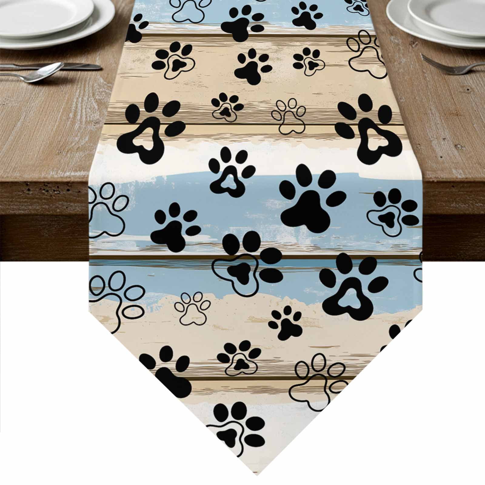 Blue Dog Paw Print Table Runner Linen Burlap Table Runner 36 Inches ...