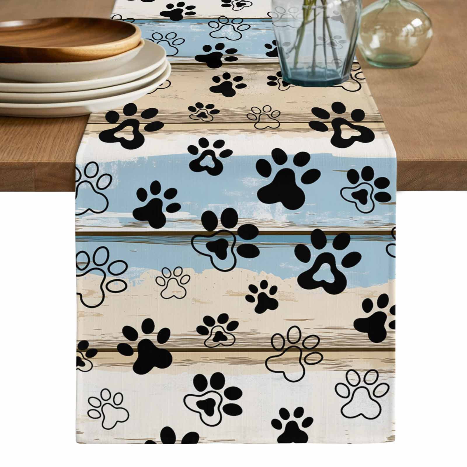 Blue Dog Paw Print Table Runner, Vintage Farmhouse Rustic Wooden Grain ...