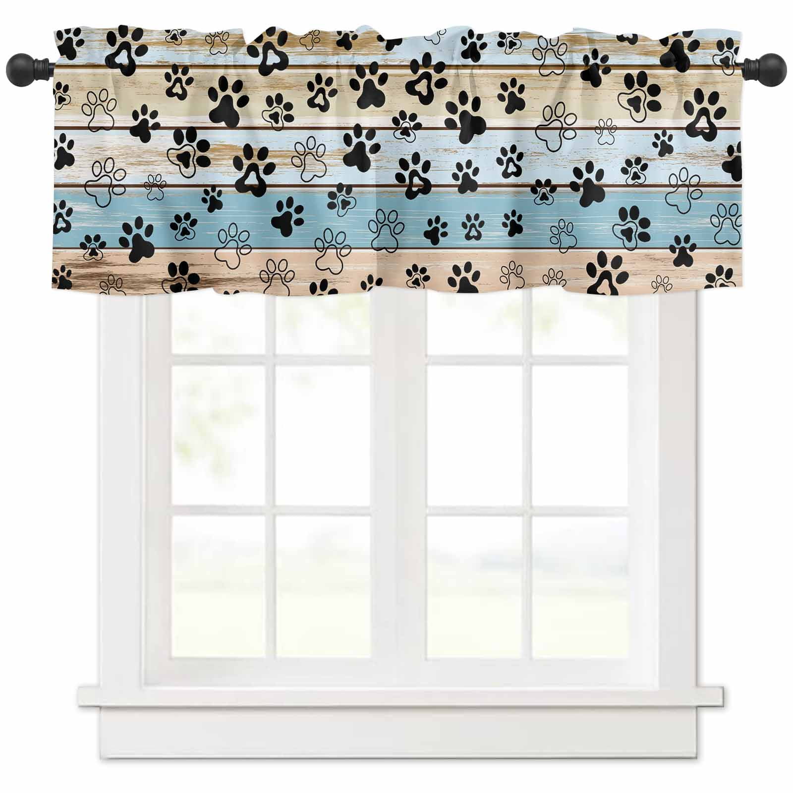 Blue Dog Paw Print Valances for Windows Farmhouse Kitchen Curtains ...