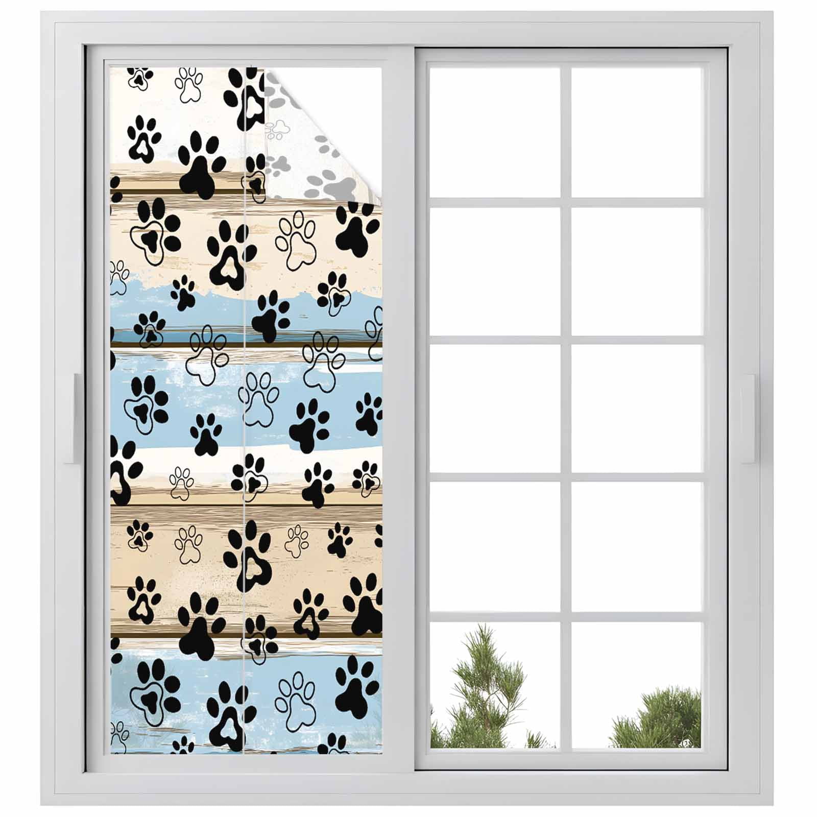 Blue Dog Paw Print Window Privacy Film, Vintage Farmhouse Rustic Wooden ...