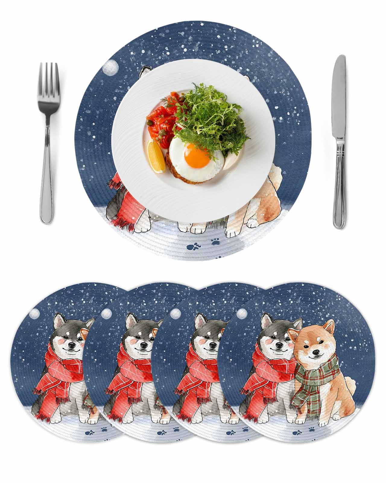 Blue Dog Round 15 Inch Placemats Set of 4, Cute Dogs Snowflake Winter ...
