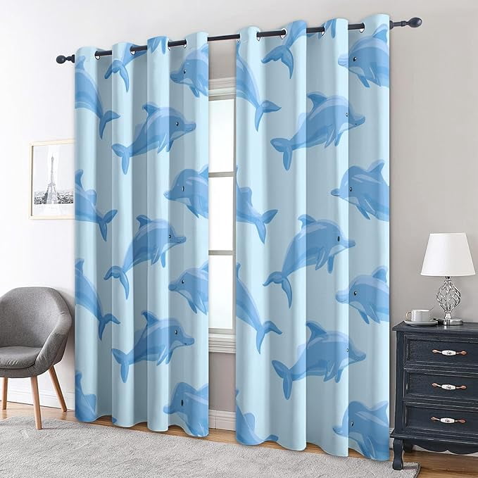 Blue Dolphin Blackout Curtains for Living Room, Bedroom, Kids Ocean ...