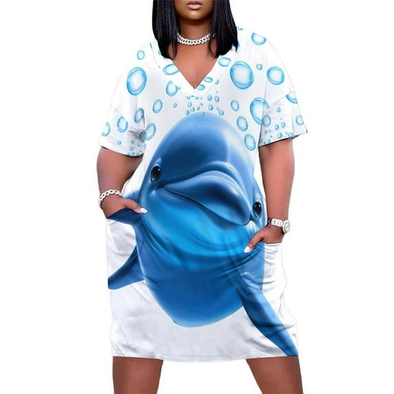 Blue Dolphin Bubble Design Loose Pocket Dress Dresses Summer Summer ...