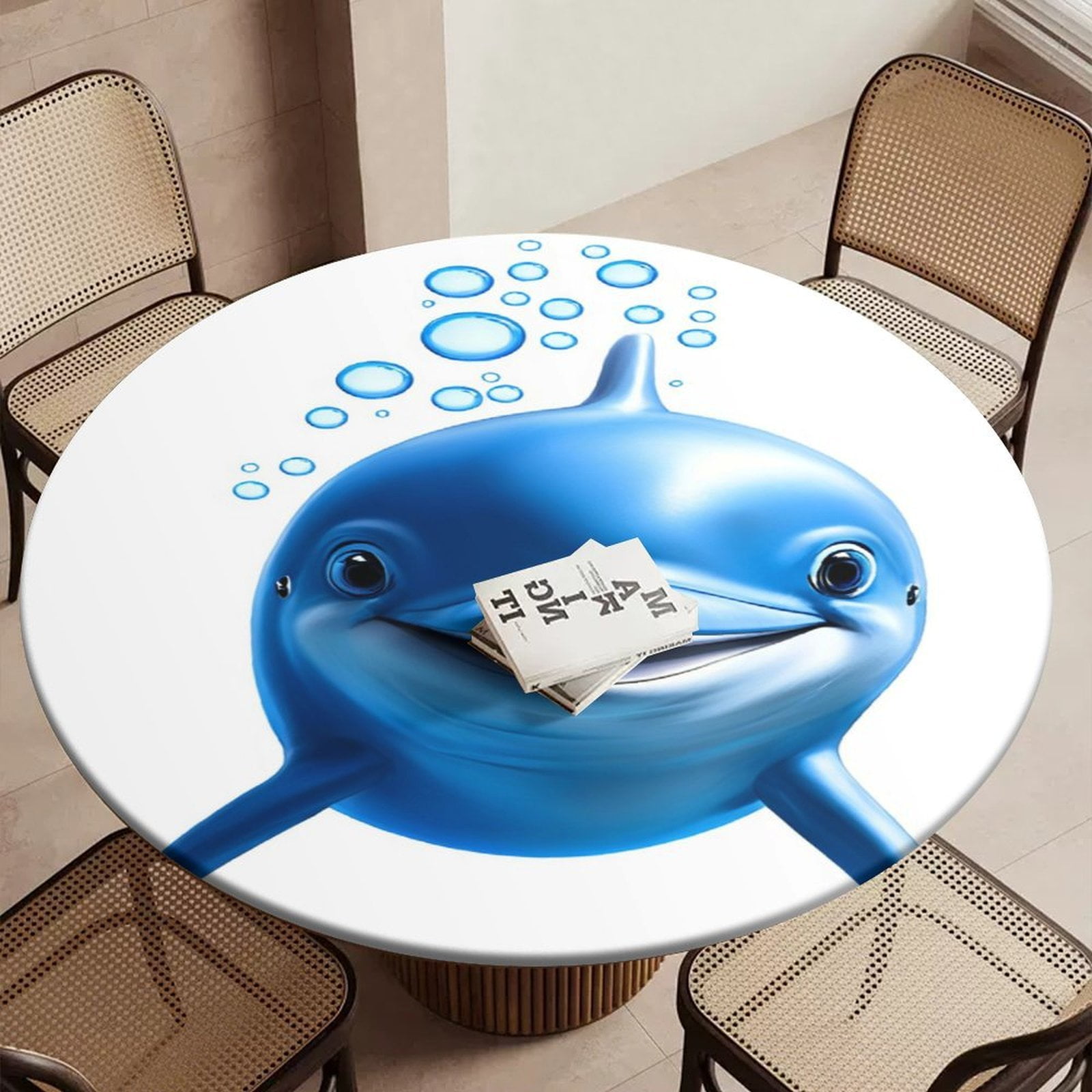 Blue Dolphin Bubble Design Round Table Cover Kitchen Printed Waterproof ...