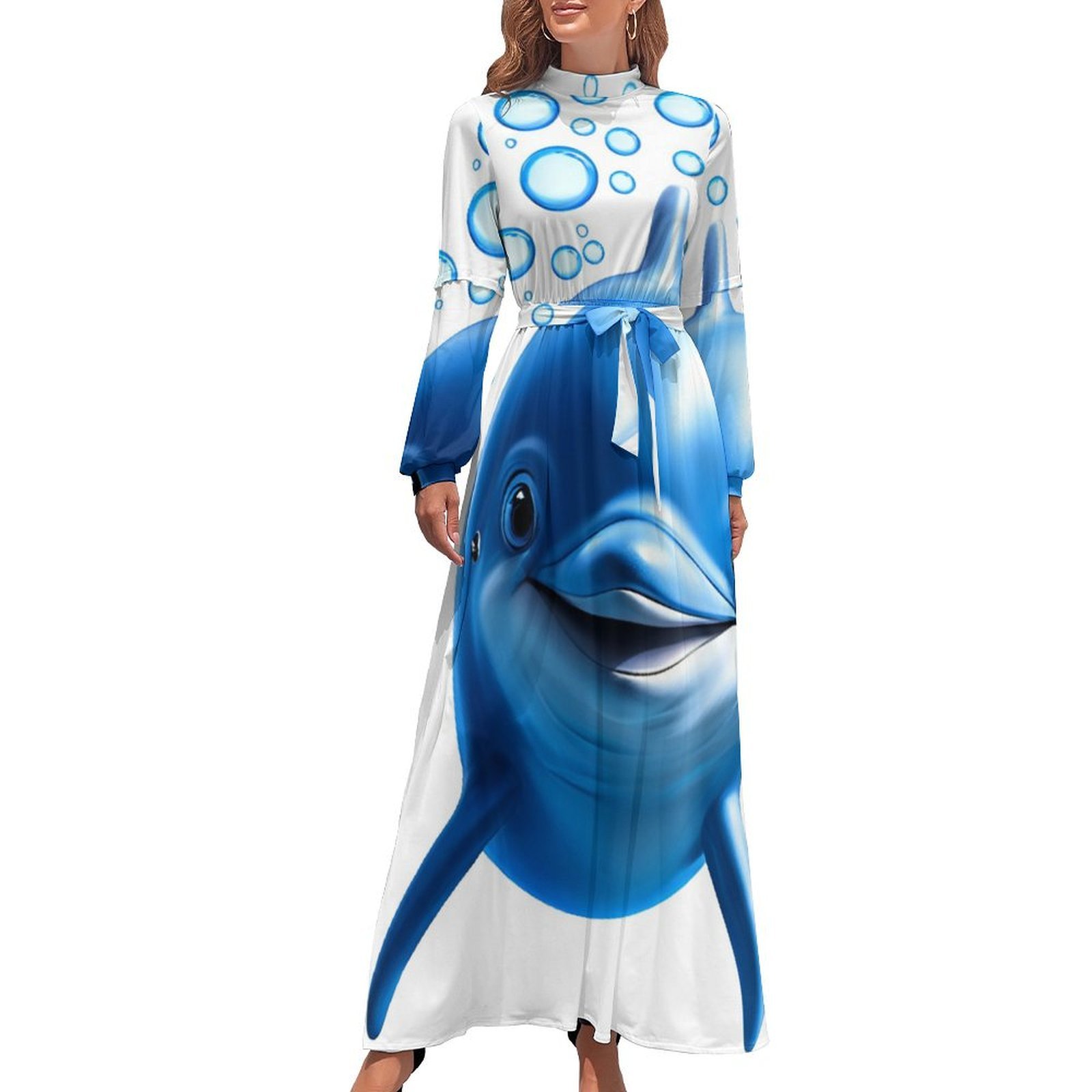 Blue Dolphin Bubble Design Women's Long Dress Long Sleeves Dress ...
