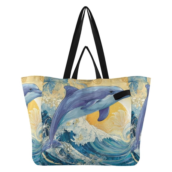 Blue Dolphin Canvas Tote Bag Large Capacity Reusable Tote with Double ...