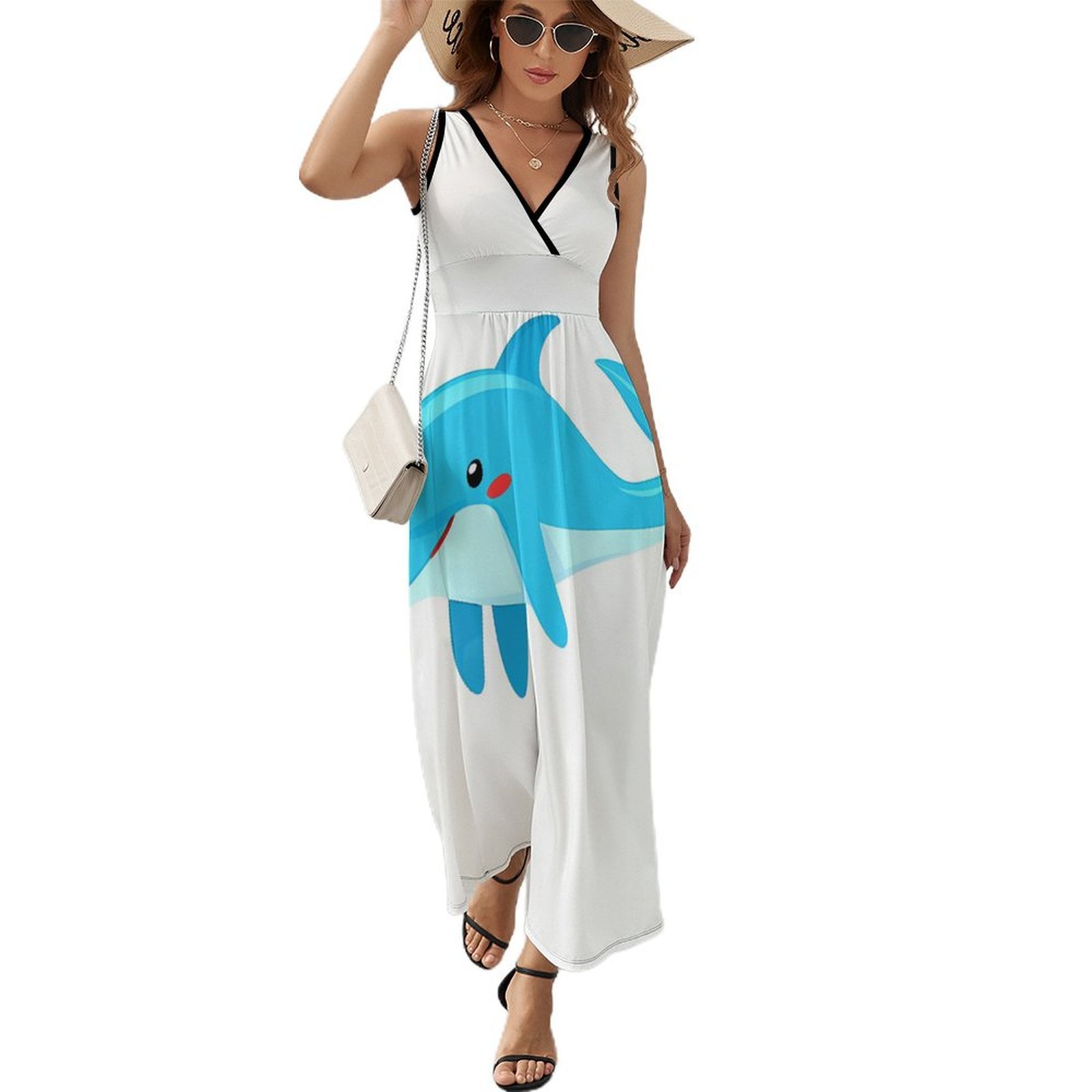 Blue Dolphin Cartoon Print Dress Summer Street Style Bohemia Long ...