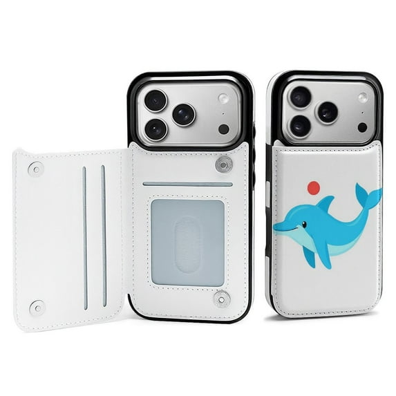 Blue Dolphin Cartoon Print Leather Wallet Case for iPhone 16 Pro Max ...