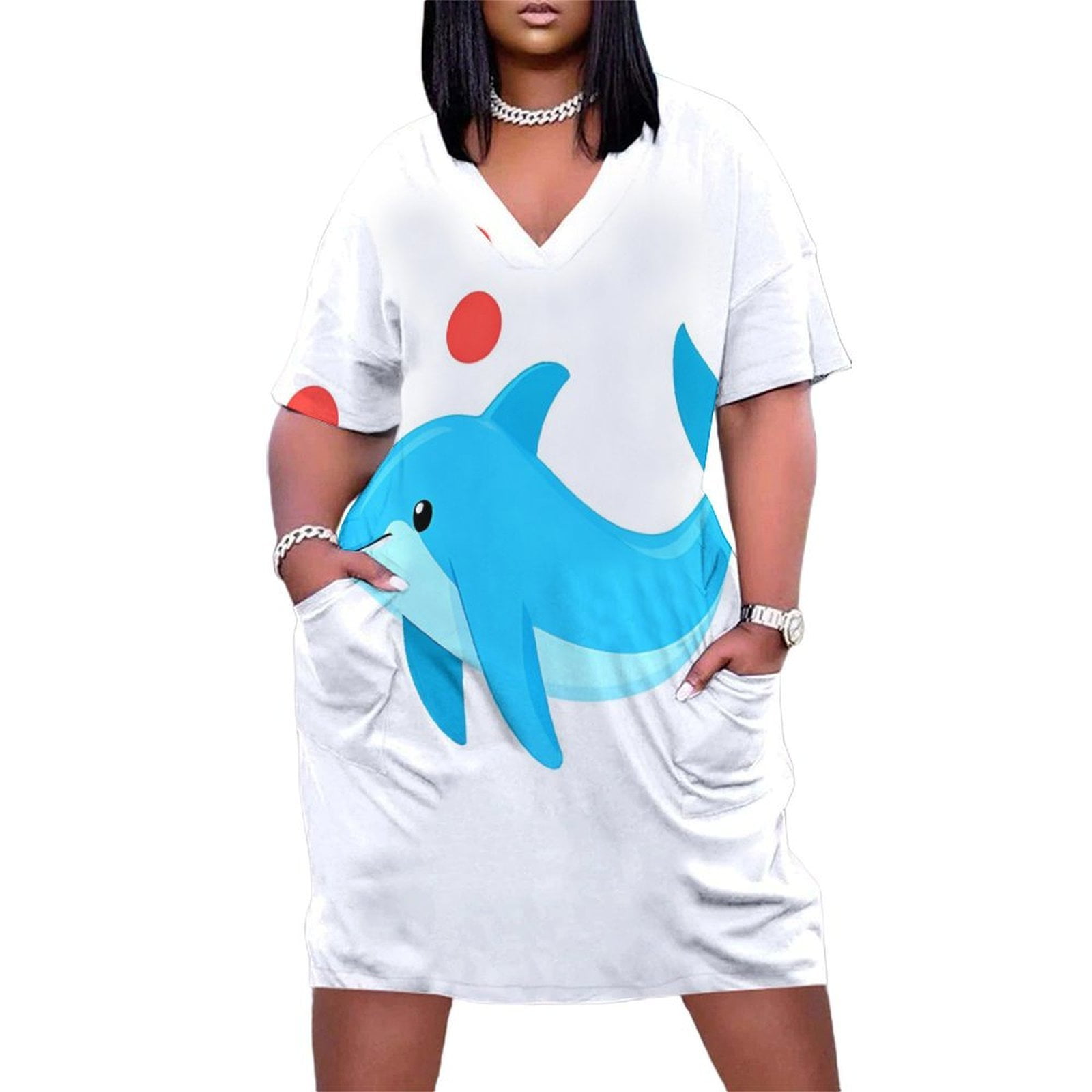 Blue Dolphin Cartoon Print Loose Pocket Dress Dresses Summer Summer ...