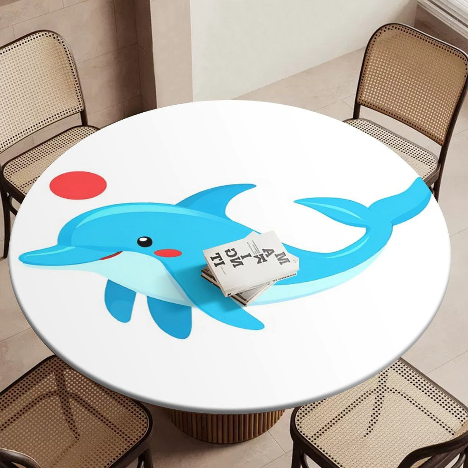 Blue Dolphin Cartoon Print Round Table Cover Kitchen Printed Waterproof ...