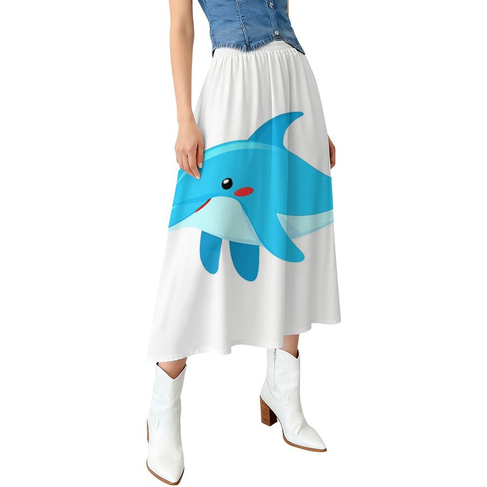Blue Dolphin Cartoon Print Women High Waist Midi Skirt Elegant Midi ...