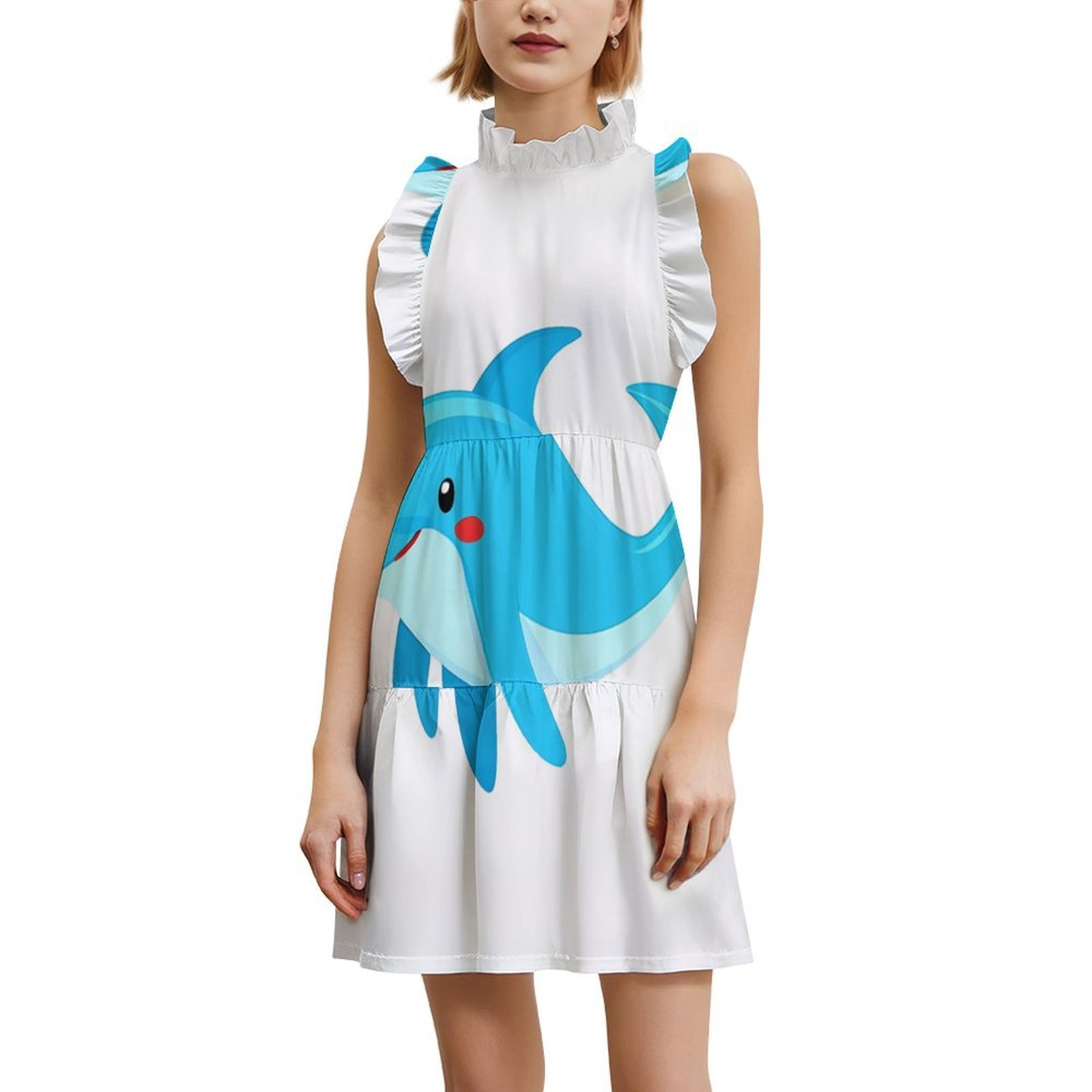 Blue Dolphin Cartoon Print Women's Fashion Casual Dress Summer Stand Up ...