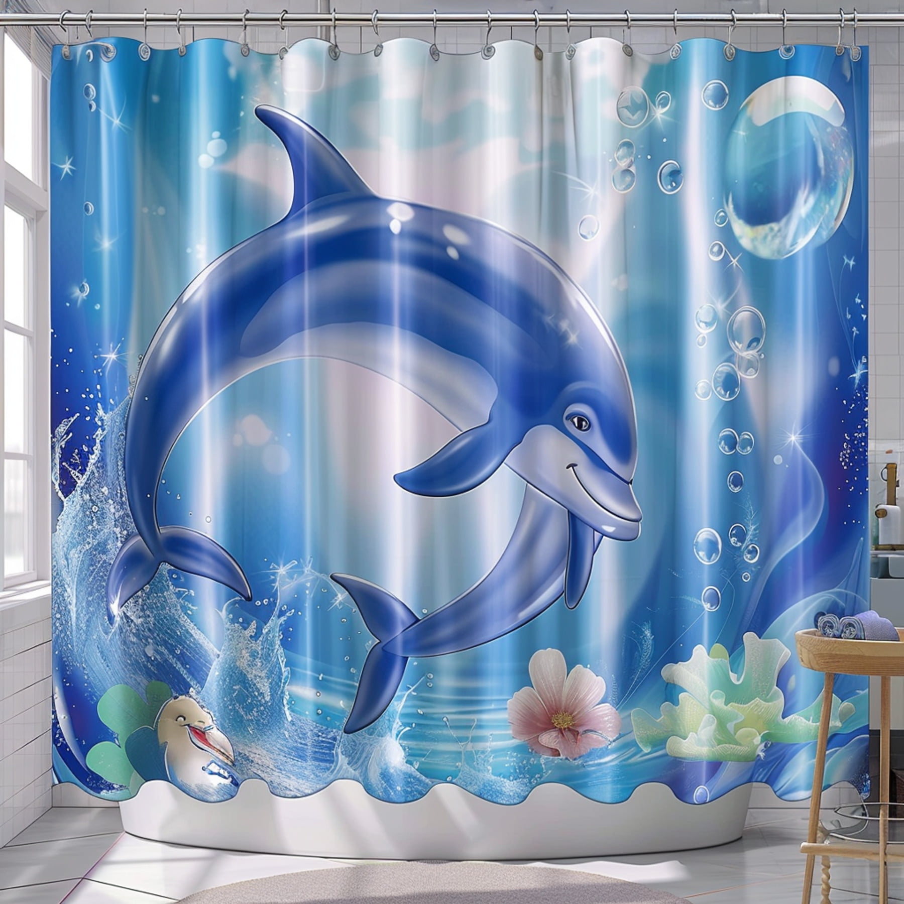 Blue Dolphin Cartoon Shower Curtain With Detailed Scales Water Bubbles